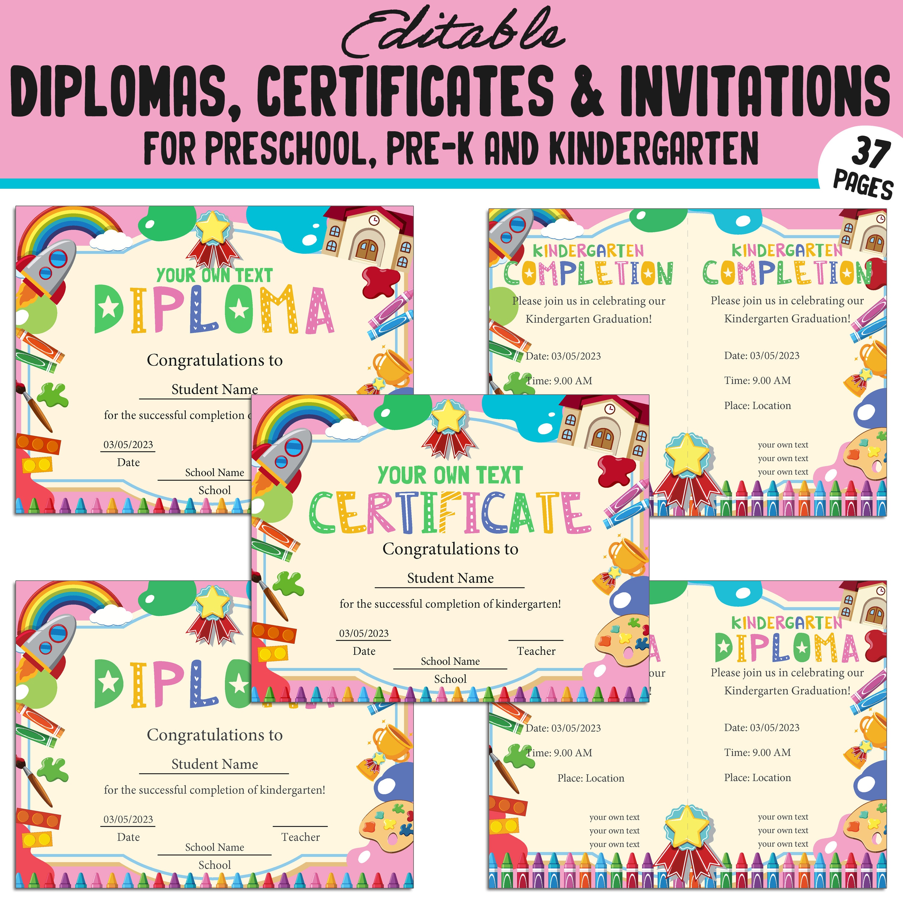 Editable Preschool, Pre-k, and Kindergarten Diplomas, Certificates, and ...