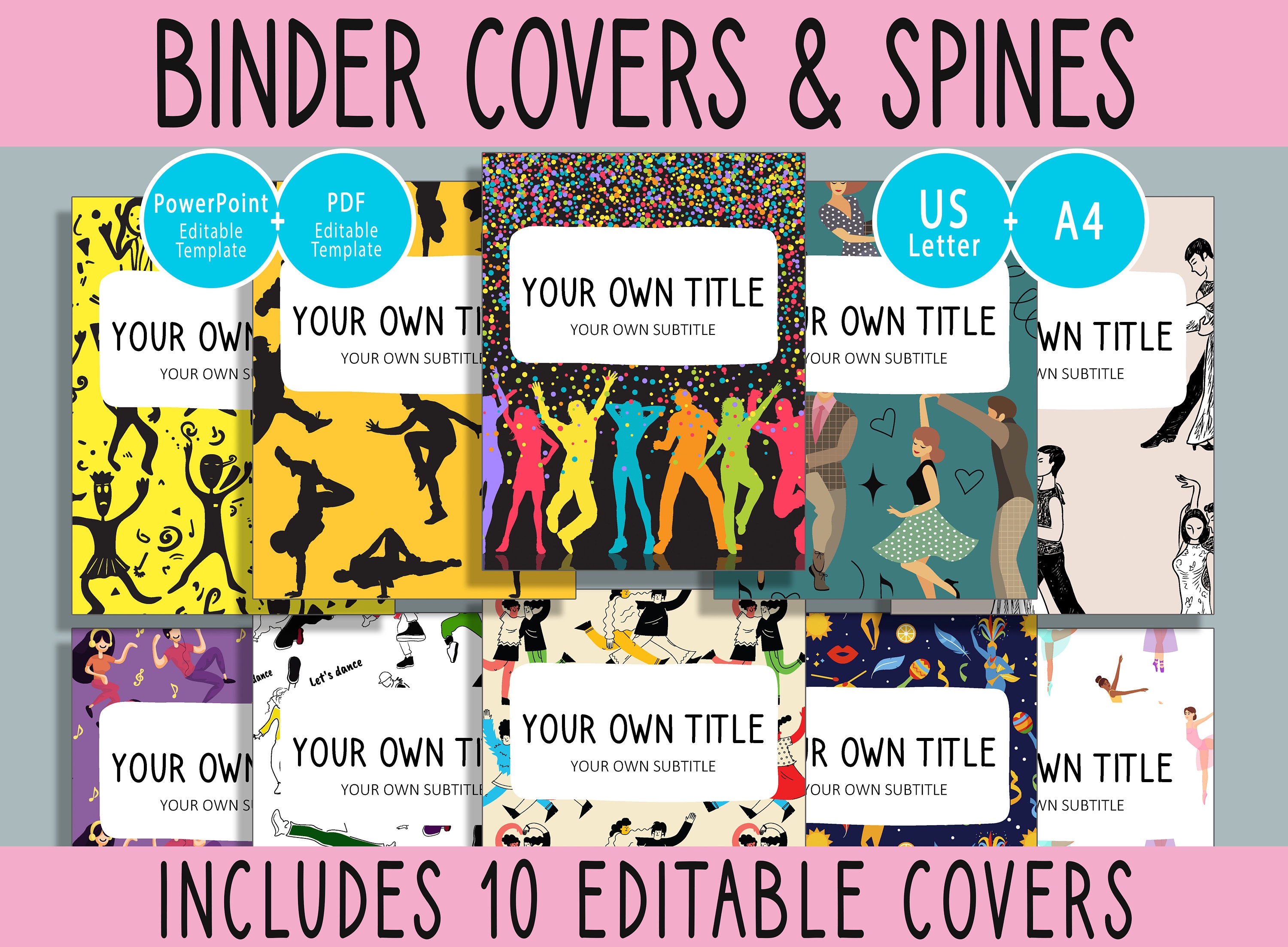 10 Editable Dancing Binder Covers, Includes 1, 1.5, 2" Spines ...