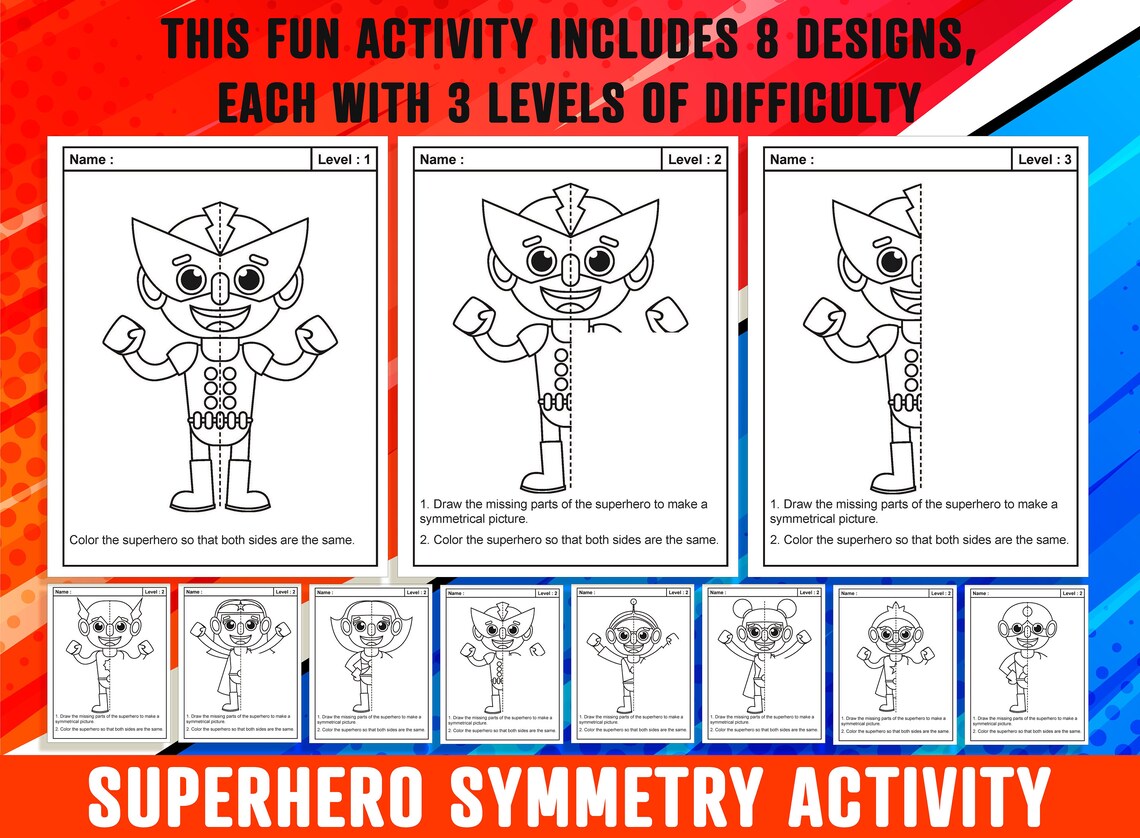 Superhero Symmetry Worksheet Superhero Theme Lines of - Etsy