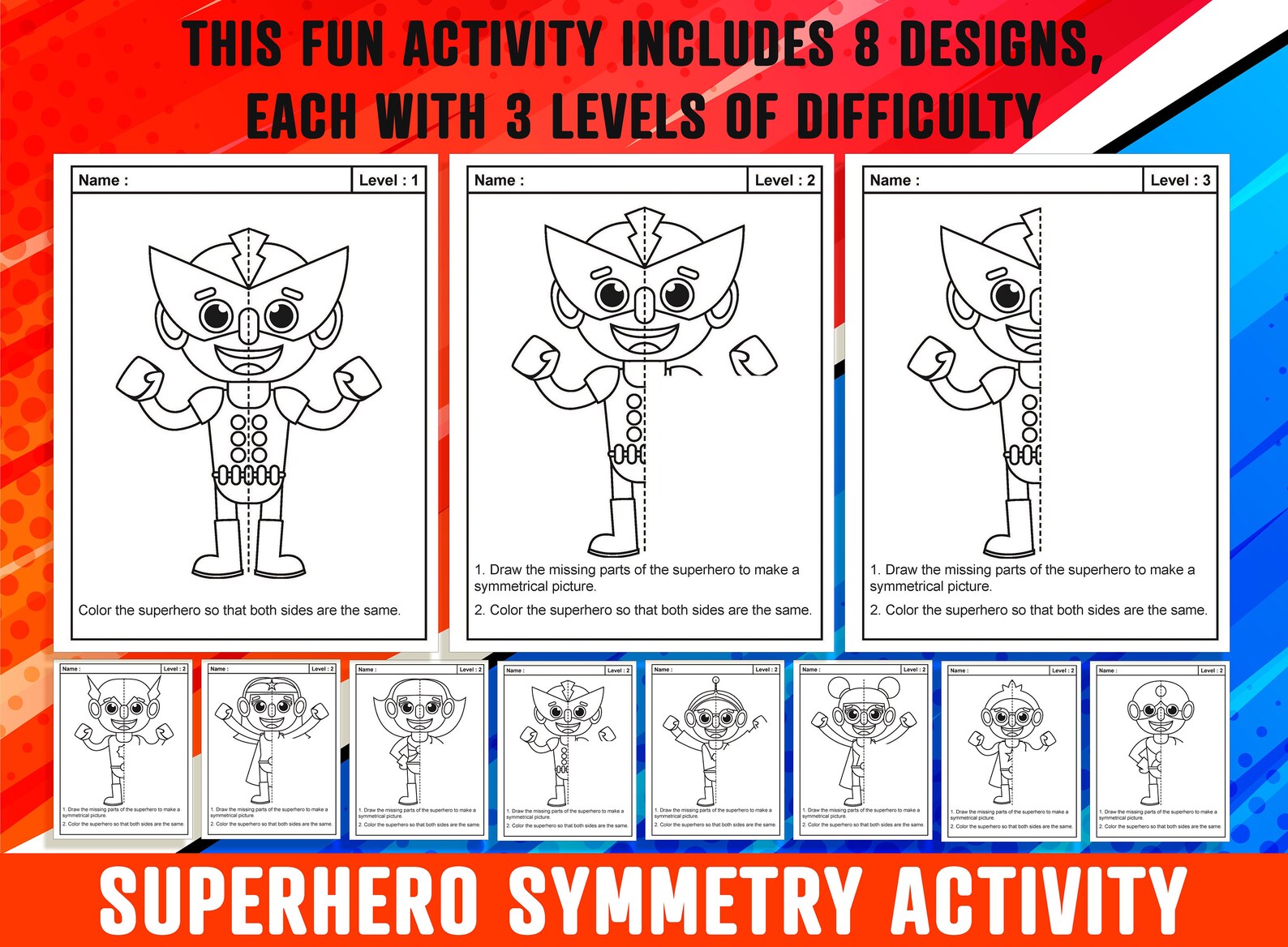 Superhero Symmetry Worksheet Superhero Theme Lines of - Etsy