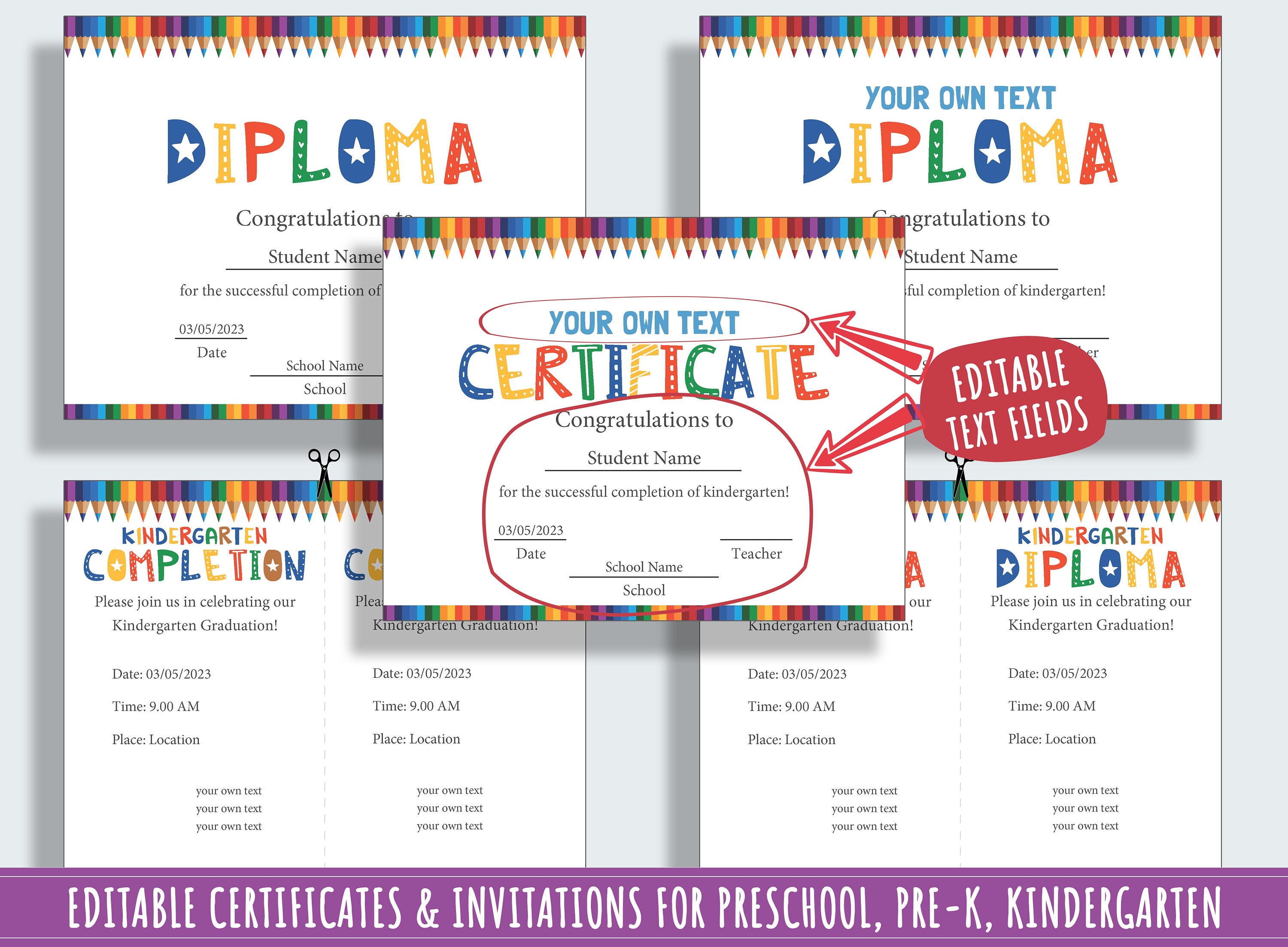 Preschool and Kindergarten Diploma, Certificate, and Invitation ...