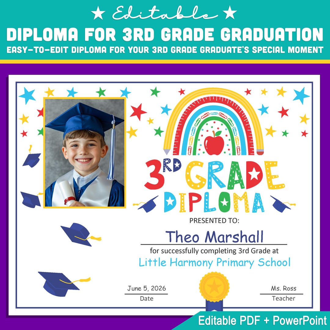 3rd Grade Diploma Template With Photo: Editable Letter Size PDF ...