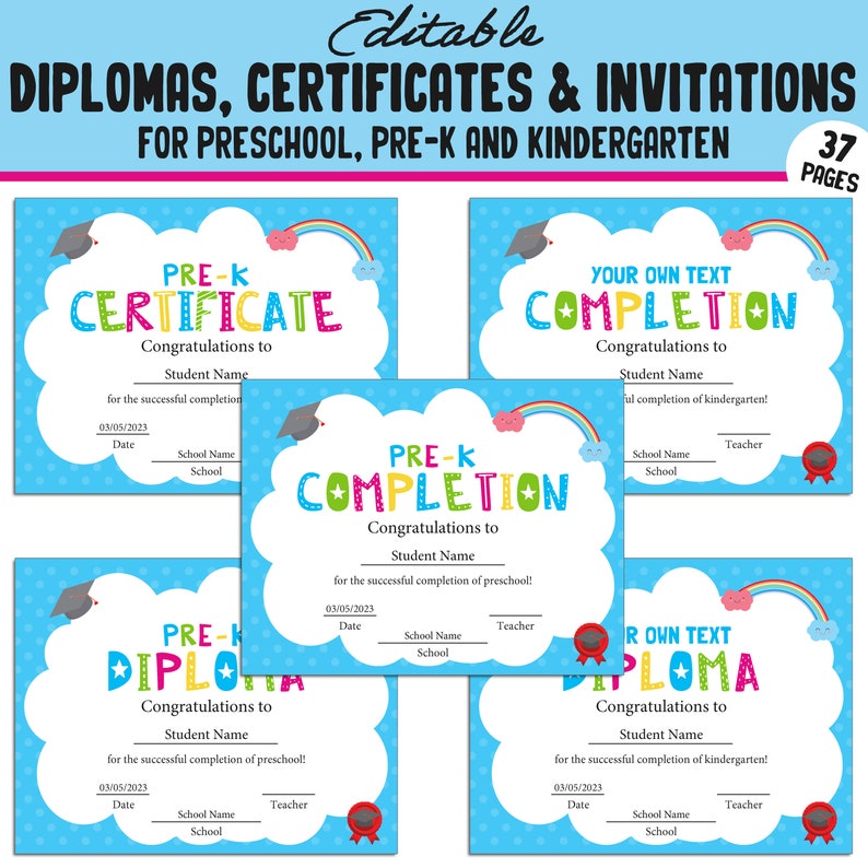 37 Editable Pre-k, Preschool, and Kindergarten Diplomas, Certificates ...
