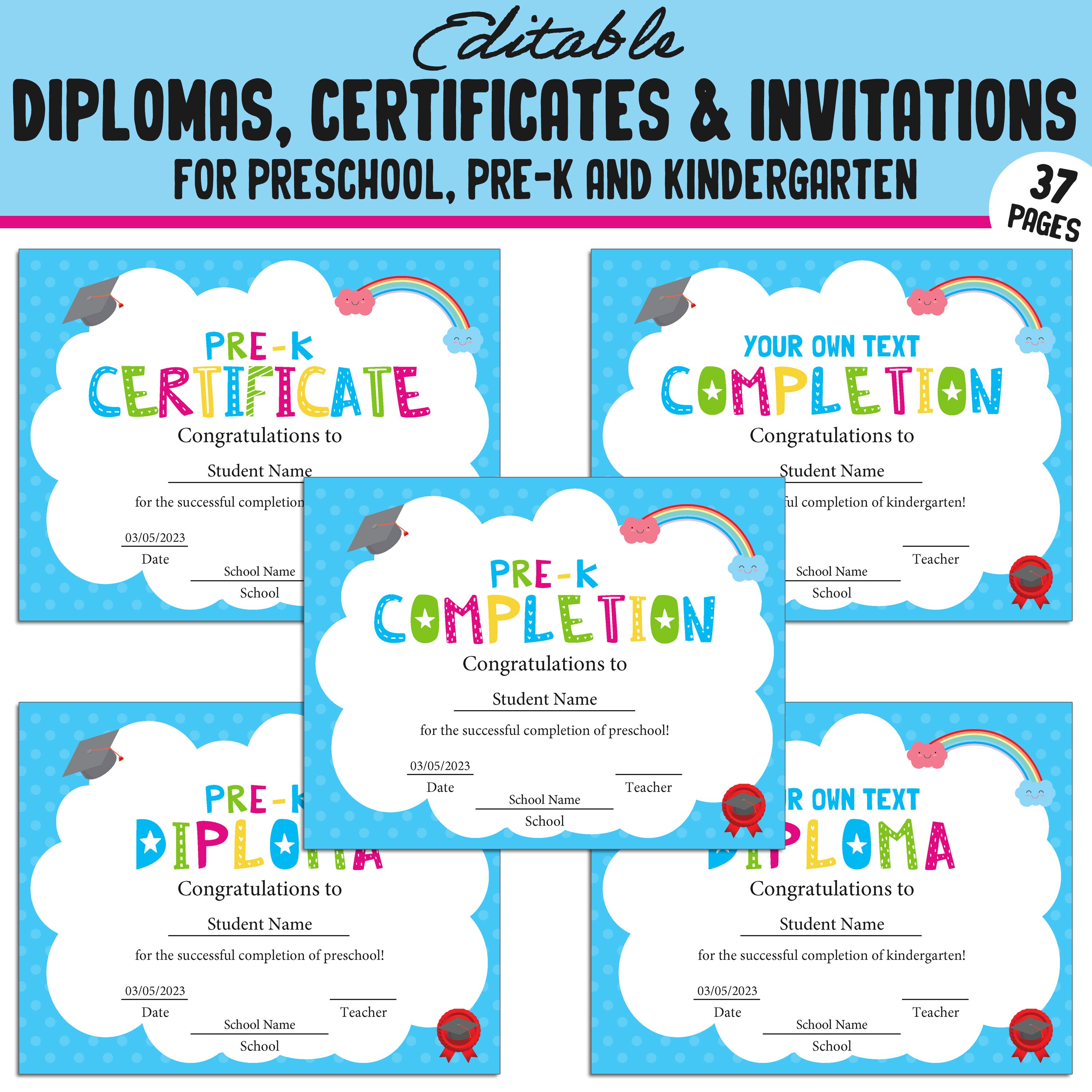 37 Editable Pre-k, Preschool, and Kindergarten Diplomas, Certificates ...