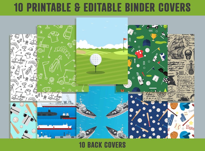 Golf, Marine and Baseball Binder Cover, 10 Printable & Editable Binder ...