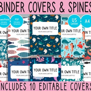 10 Editable Sea Animals Binder Covers, Includes 1", 1.5", 2" Spines ...