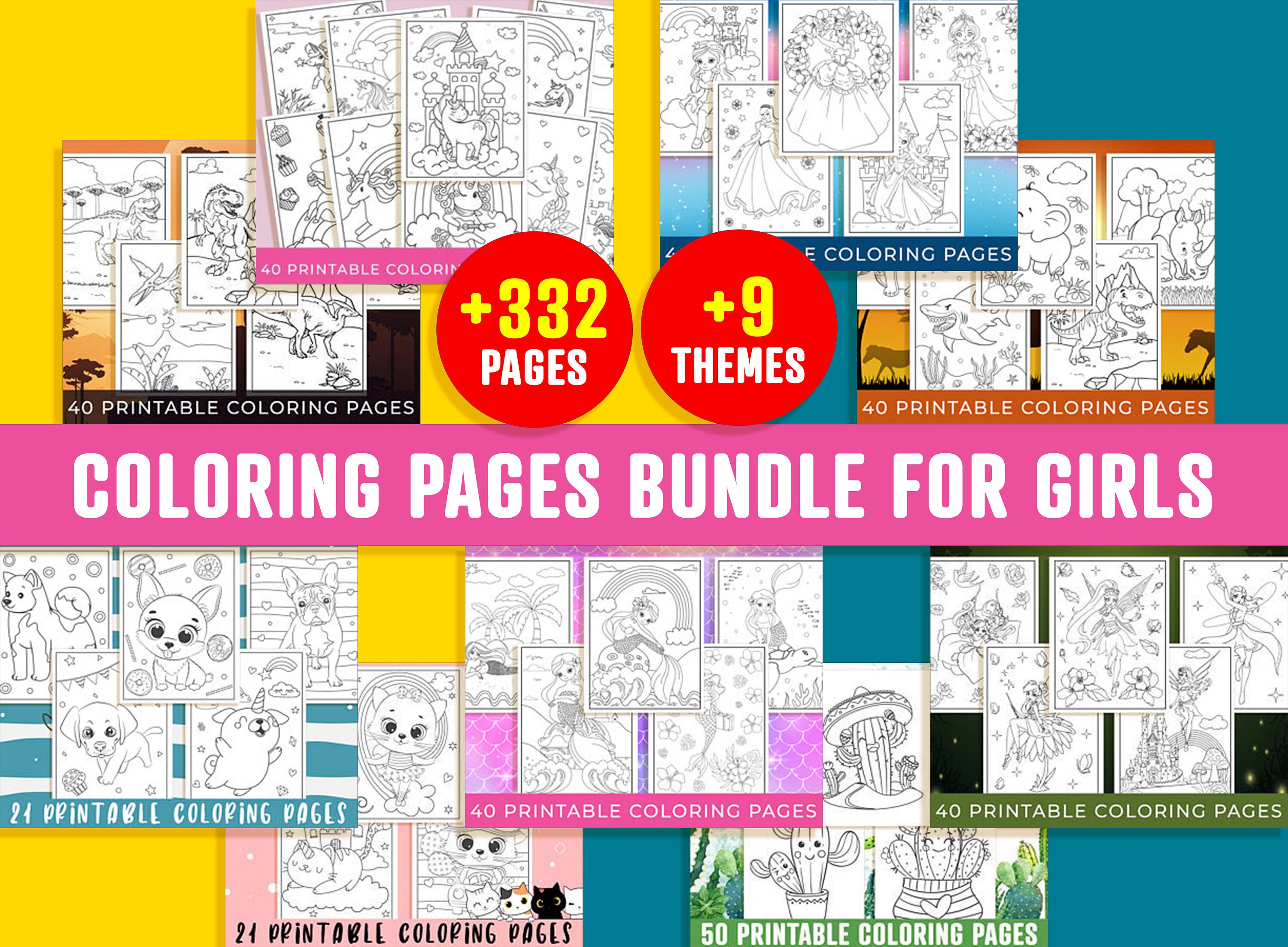 Coloring Pages Bundle for Girls, Over 9 Themes, 332 Printable Coloring ...