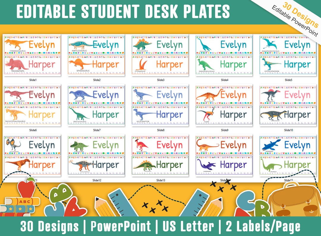 Student Desk Plates, 30 Printable/editable Dinosaurs Set Classroom Name ...