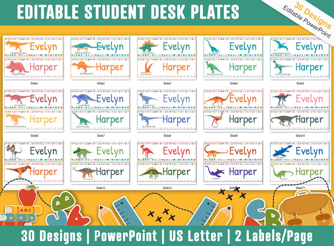 Student Desk Plates, 30 Printable/editable Dinosaurs Set Classroom Name ...
