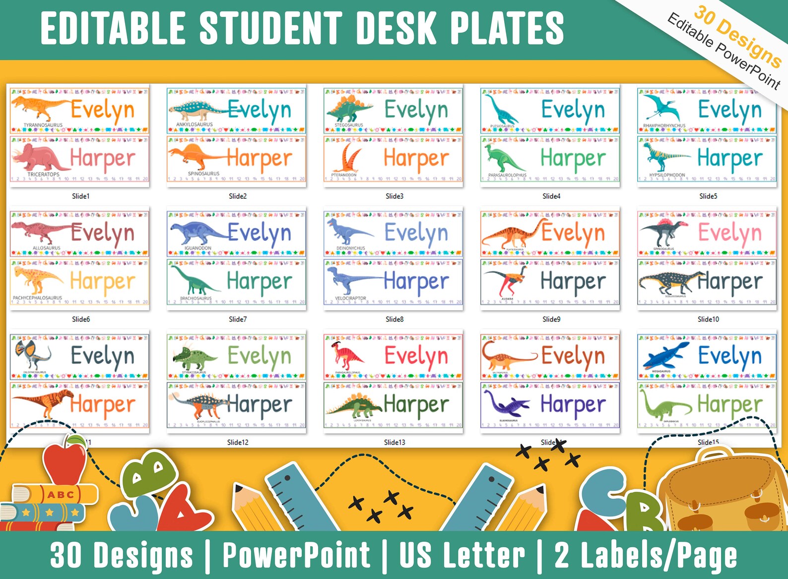 Student Desk Plates, 30 Printable/editable Dinosaurs Set Classroom Name ...