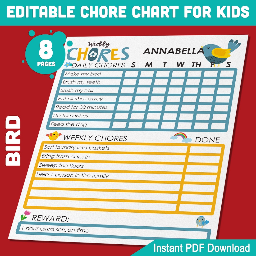 Bird-themed Chore Chart for Kids: 8 Printable and Editable ...