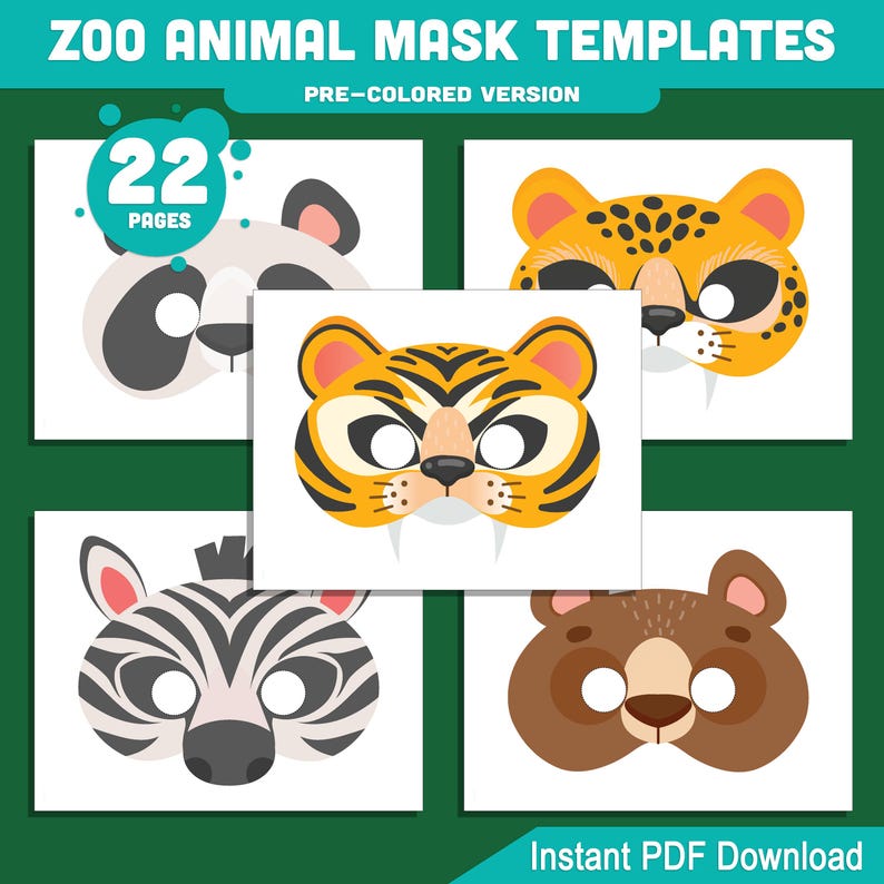 Jungle & Zoo Animal Mask Templates: 22-page Printable Craft for Kids ...
