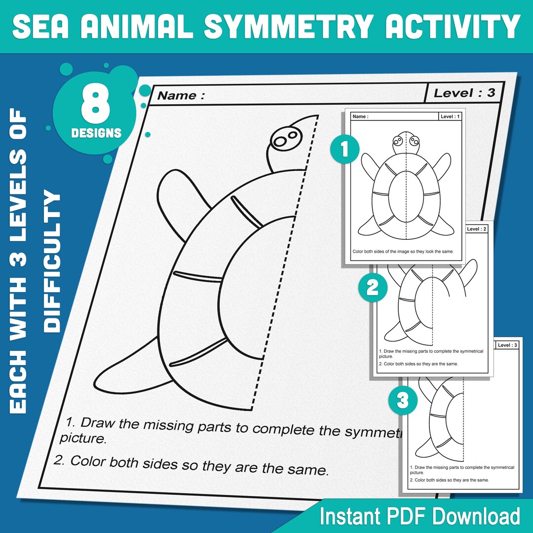 Sea Animal Symmetry Activity: 24 Pages of Lines of Symmetry Worksheets ...