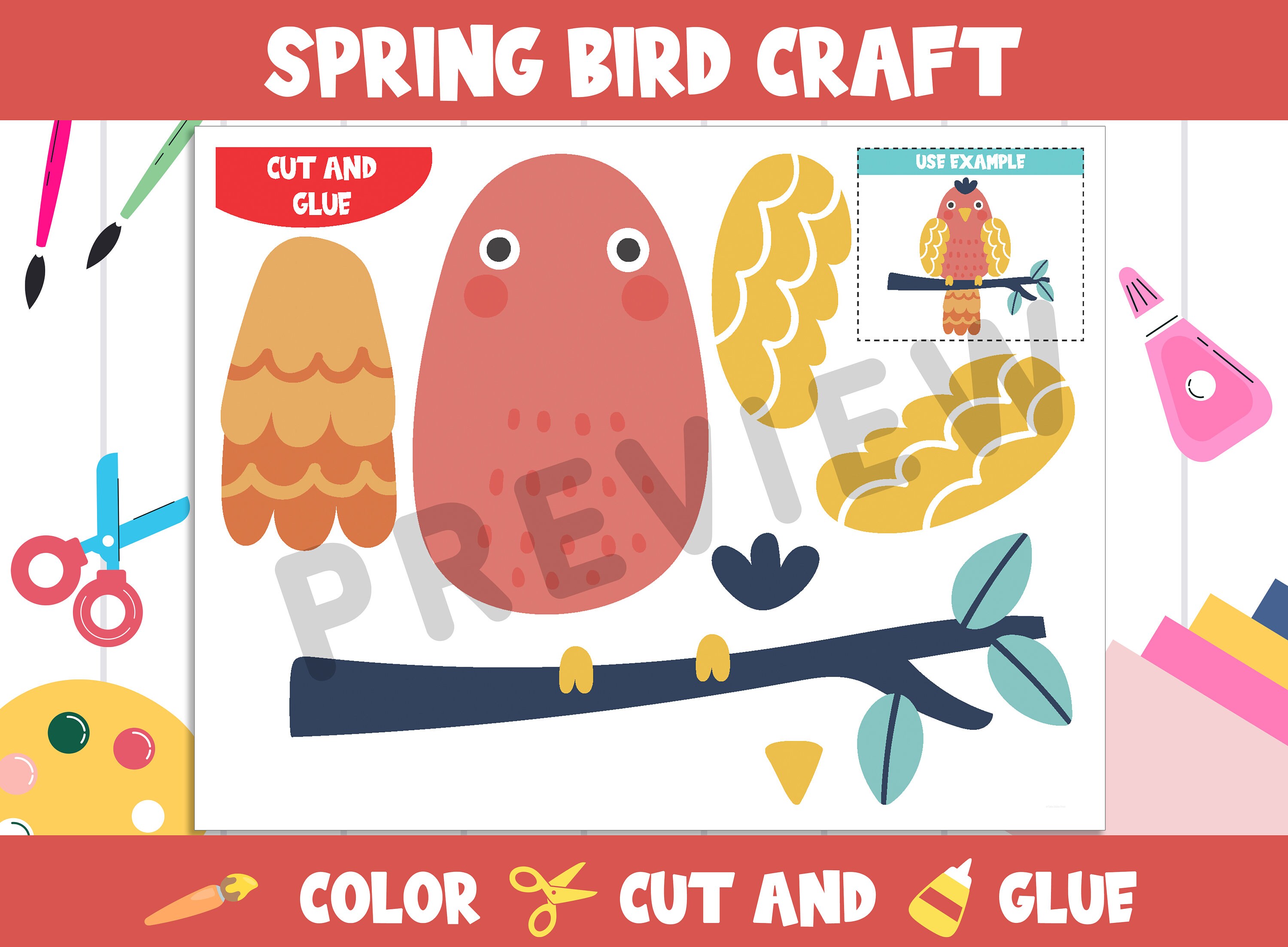 Spring Bird Spring Craft Activity for Kids : Color, Cut, and Glue for ...