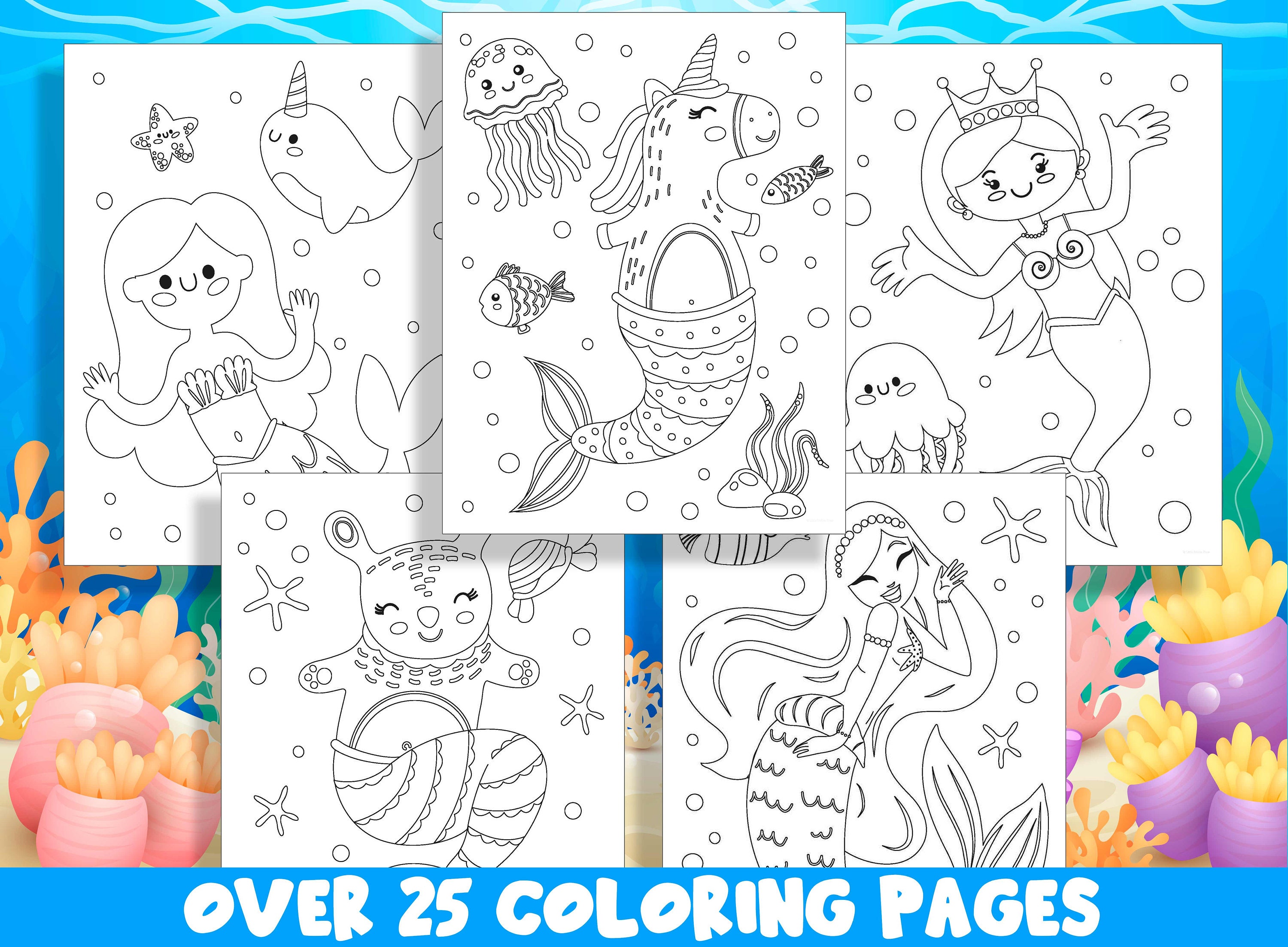 Mermaid Coloring Book, 25 Printable Beautiful Mermaid Coloring Pages ...