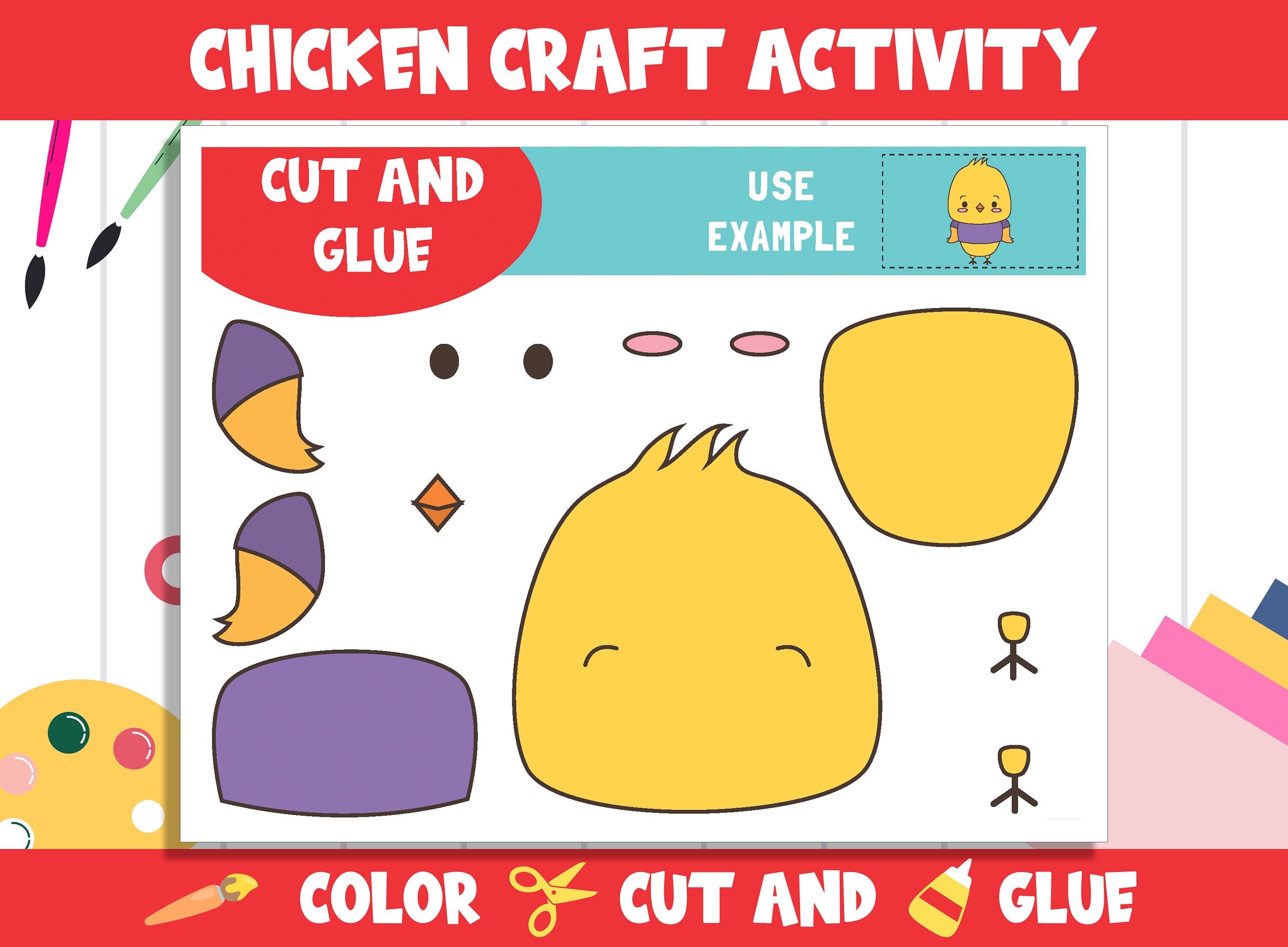 Cute Chicken Craft Activity Color, Cut, and Glue for Prek to 2nd Grade ...
