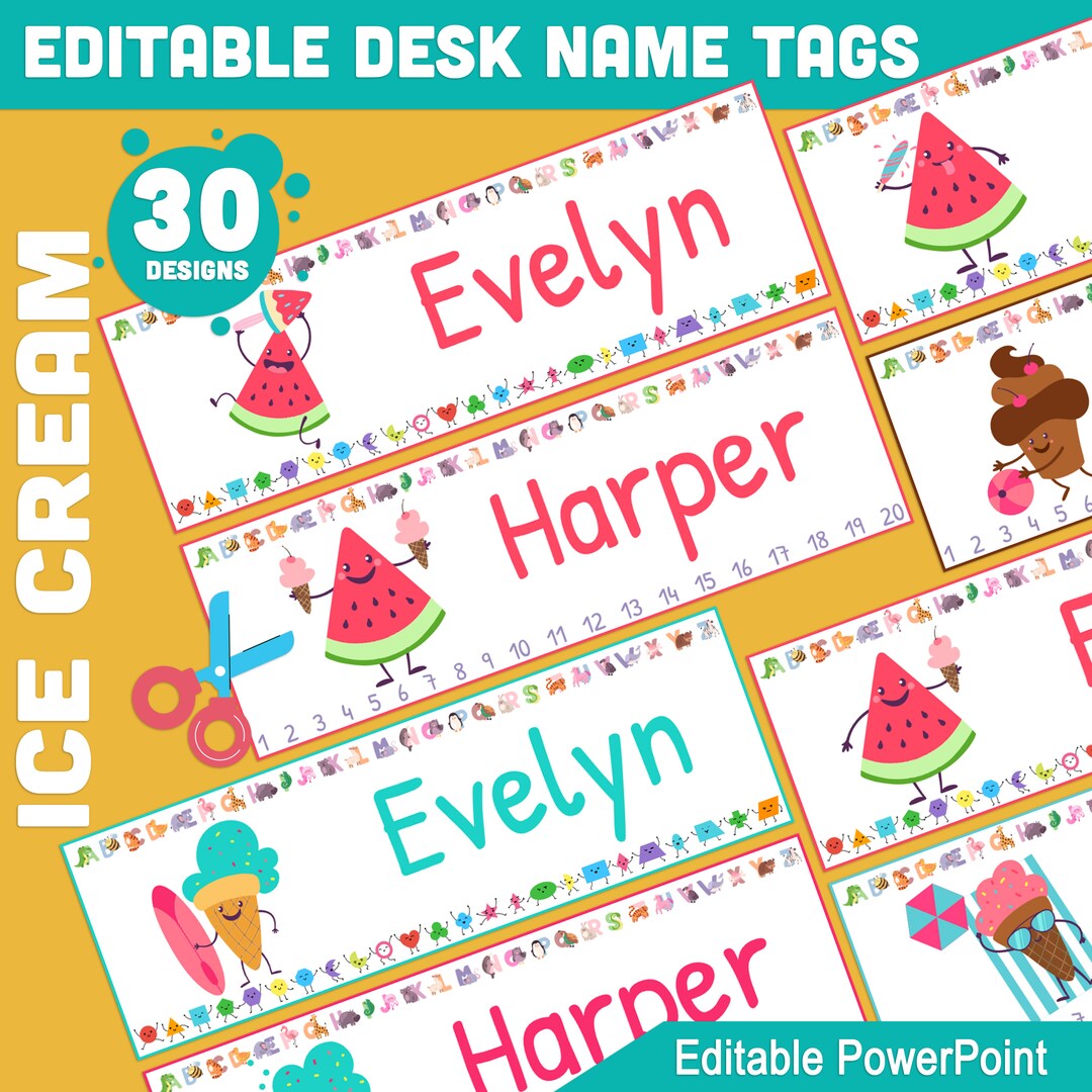 Editable Desk Name Tags for Students: Summer Ice Cream, 30 Designs, 8.5 ...