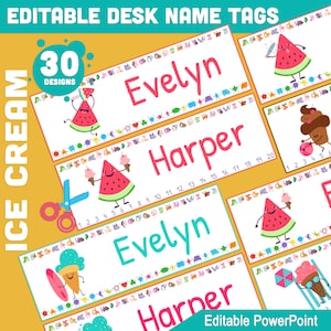 Editable Desk Name Tags for Students: Summer Ice Cream, 30 Designs, 8.5 ...