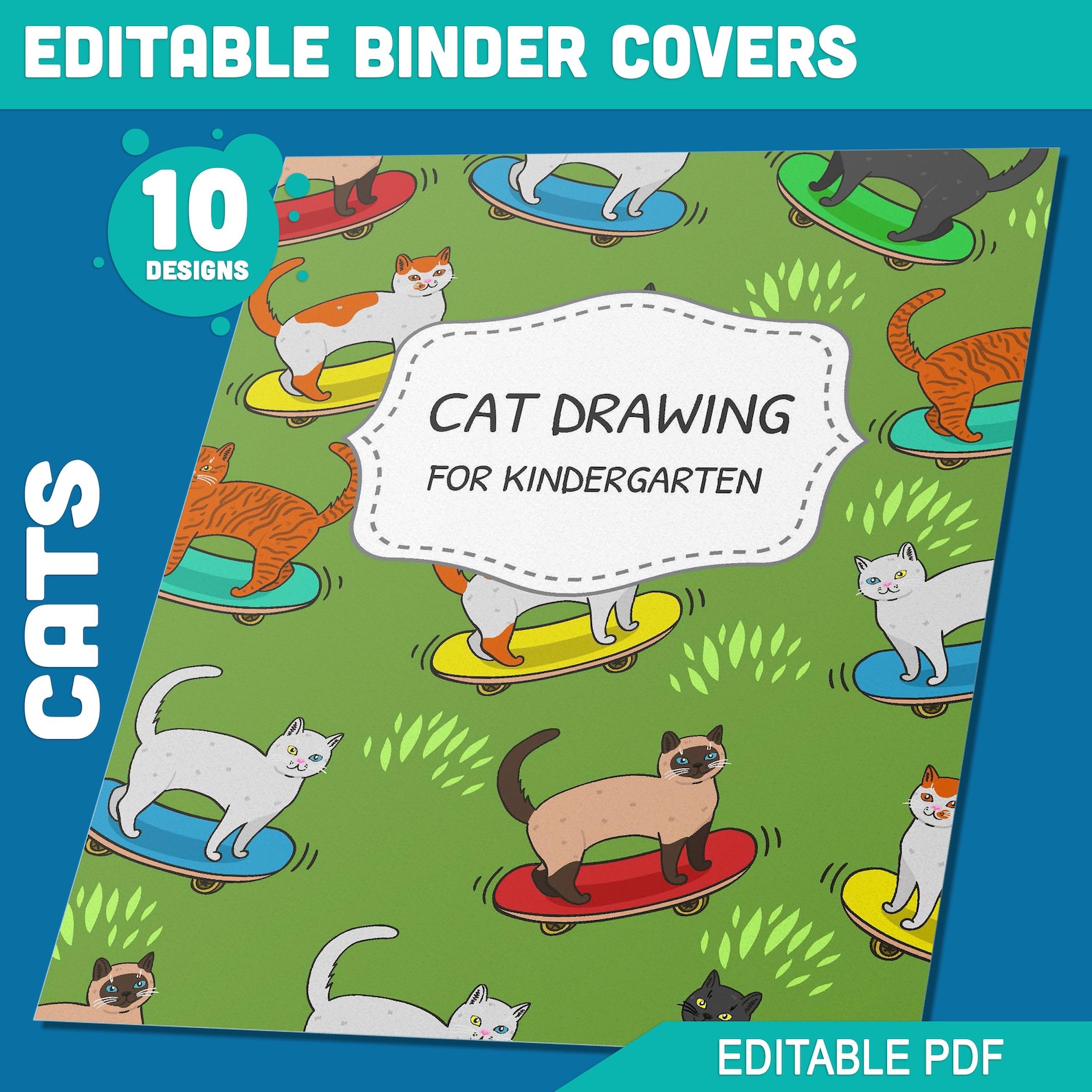 Cute Cats Binder Cover, 10 Printable/editable Binder Covers+spines ...