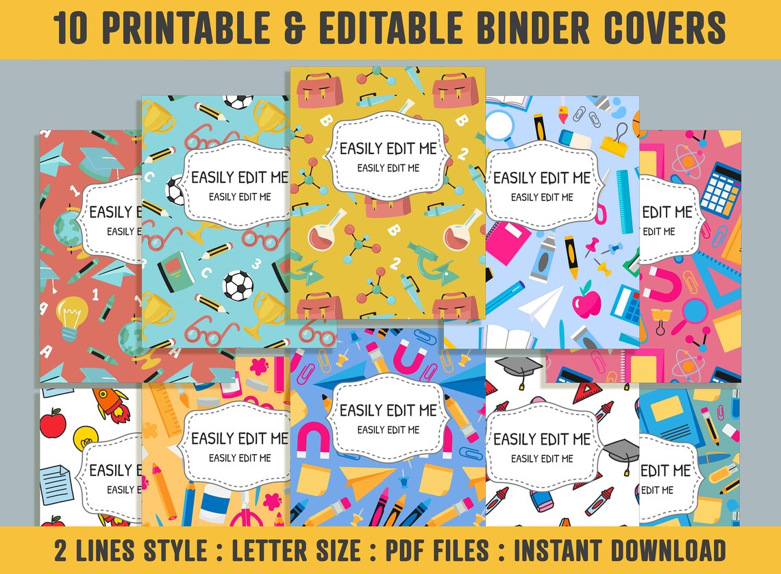 Back to School Pattern Binder Cover, 10 Printable/editable Binder ...