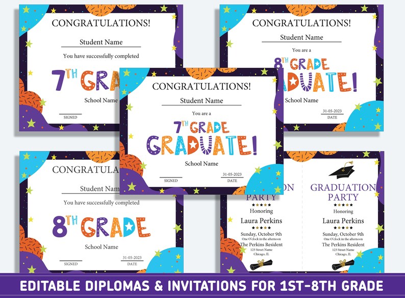 Editable Second Grade Certificate, 1st to 8th Grade Diploma ...