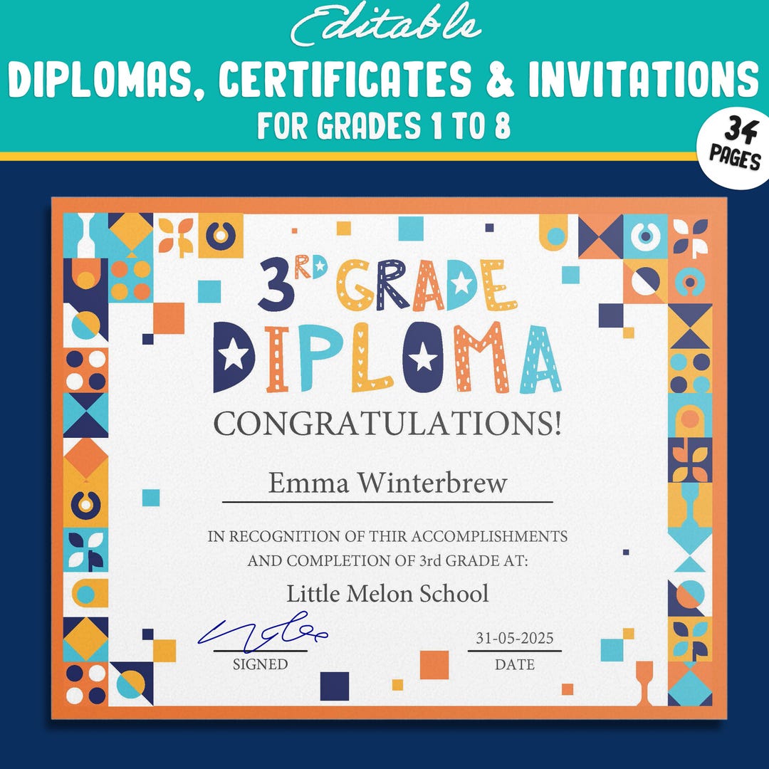 Editable Diplomas for 3rd Grade, Certificates for 1st-8th Grade, and ...