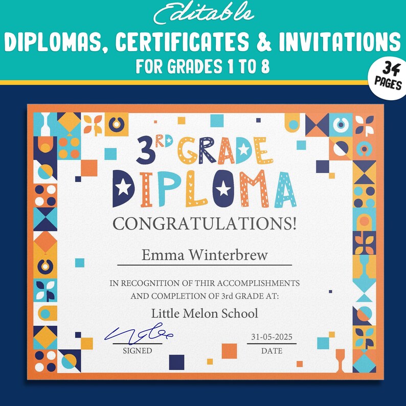 Editable Diplomas for 3rd Grade, Certificates for 1st-8th Grade, and ...