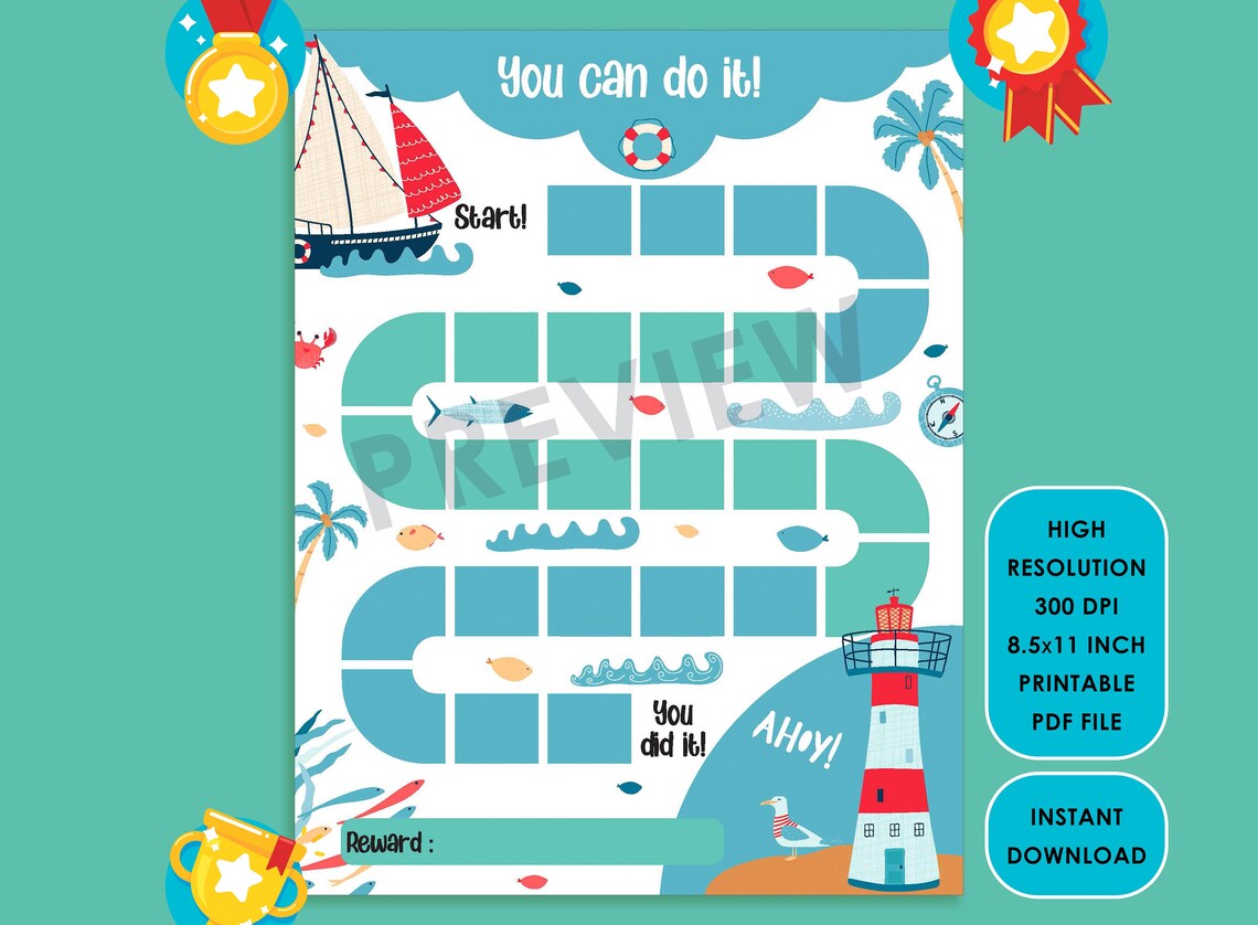 Printable Pirate Reward Chart: Ship & Lighthouse Theme, Boy/girl Chore ...