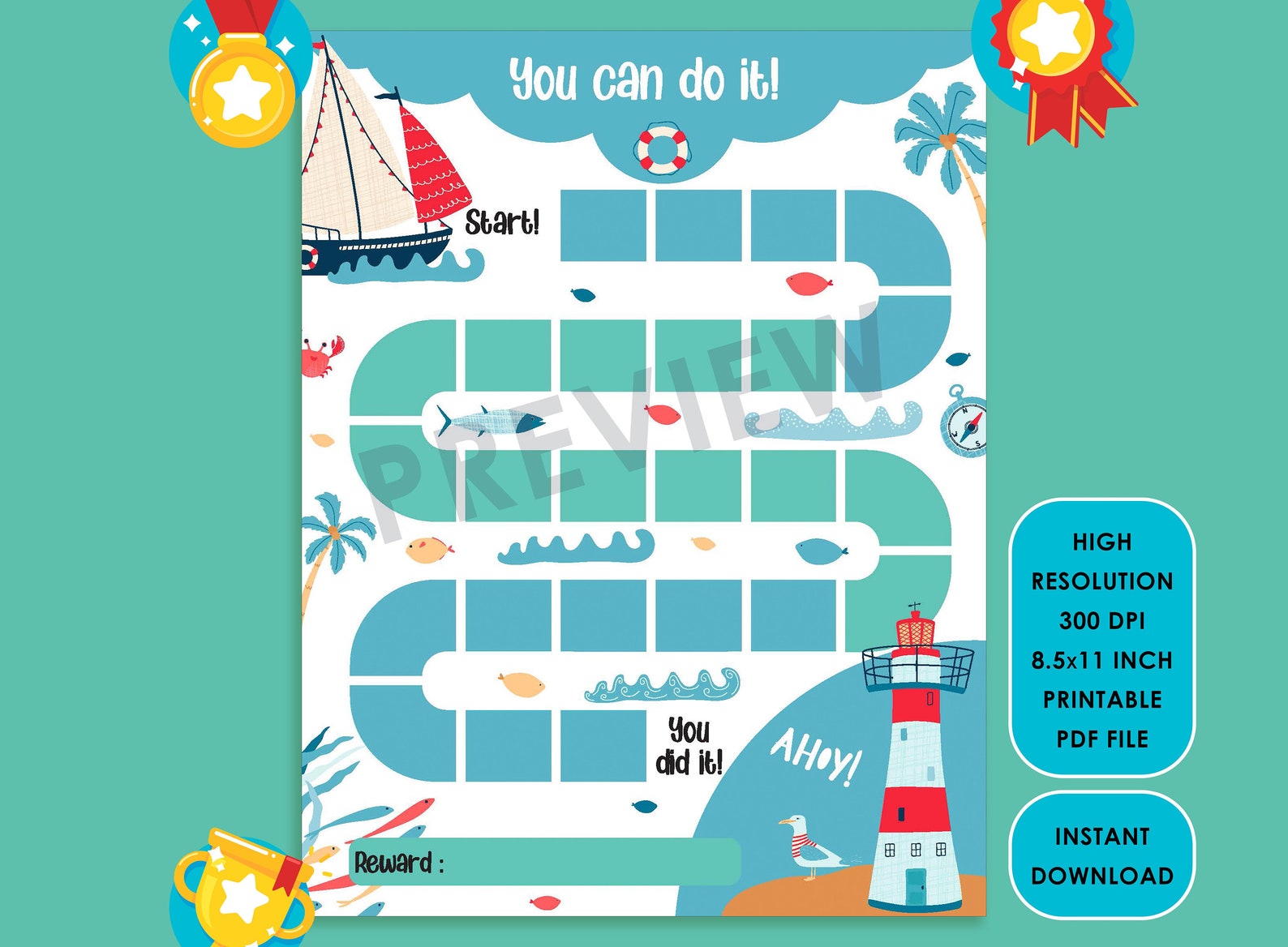 Printable Pirate Reward Chart: Ship & Lighthouse Theme, Boy/girl Chore ...