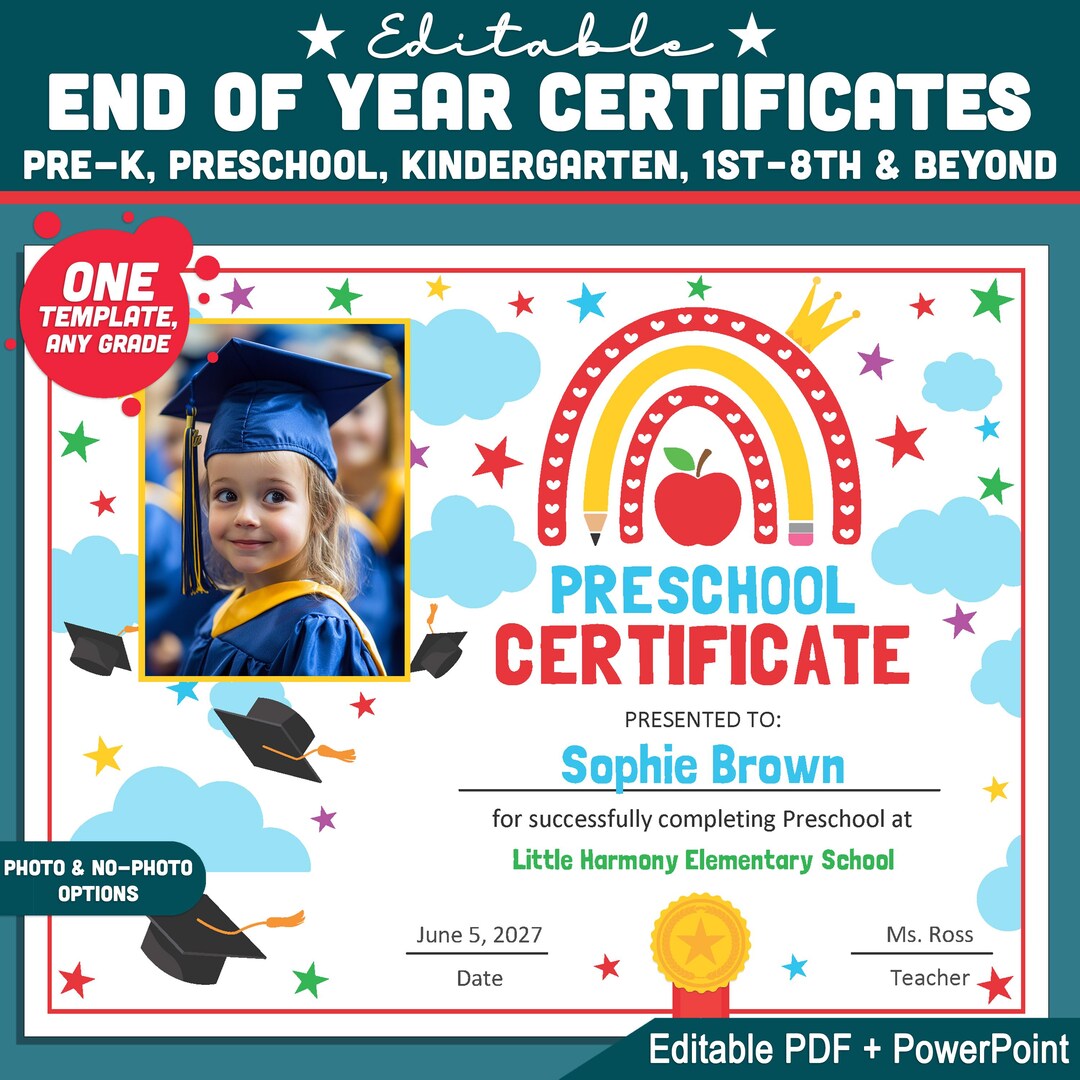 End of Year Certificates, Editable Graduation Awards for Preschool ...