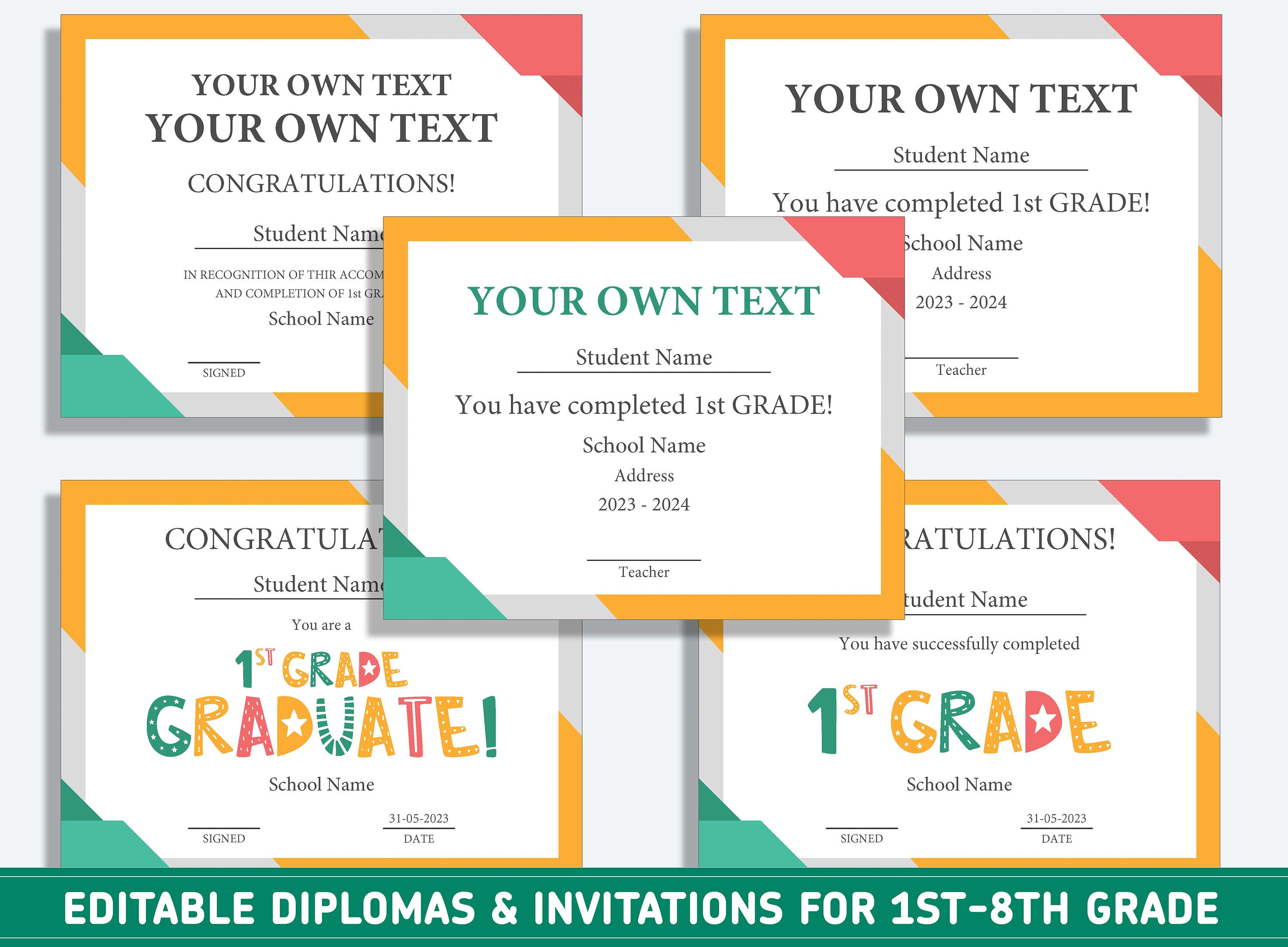 Editable 7th Grade Certificate, 1st to 8th Grade Diploma, Certificate ...