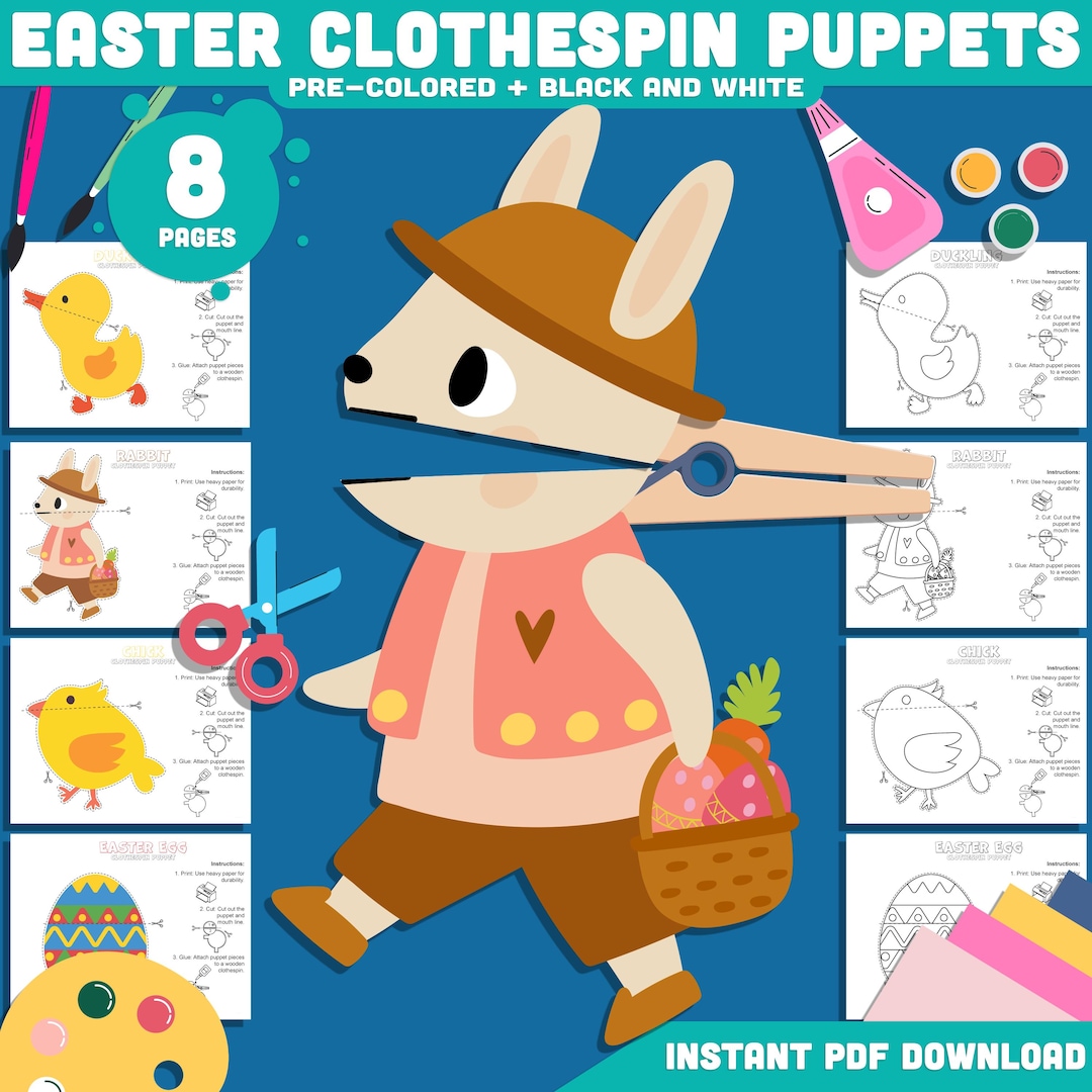 Printable Easter Clothespin Puppets, 8-page DIY Spring Craft for Kids ...