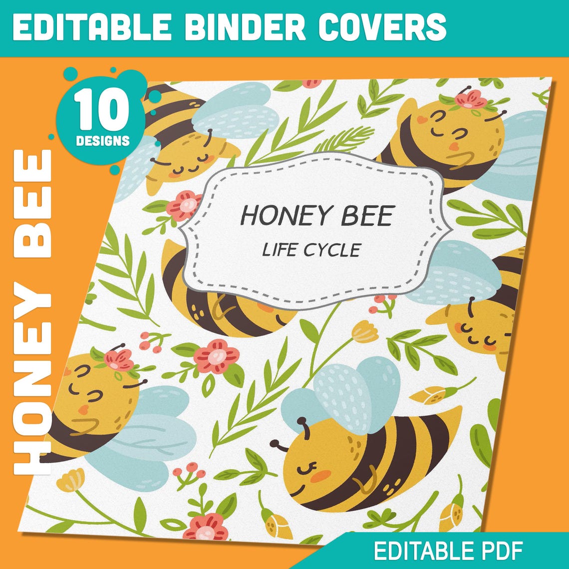 Honey Bee Binder Cover, 10 Printable & Editable Binder Covers + Spines ...