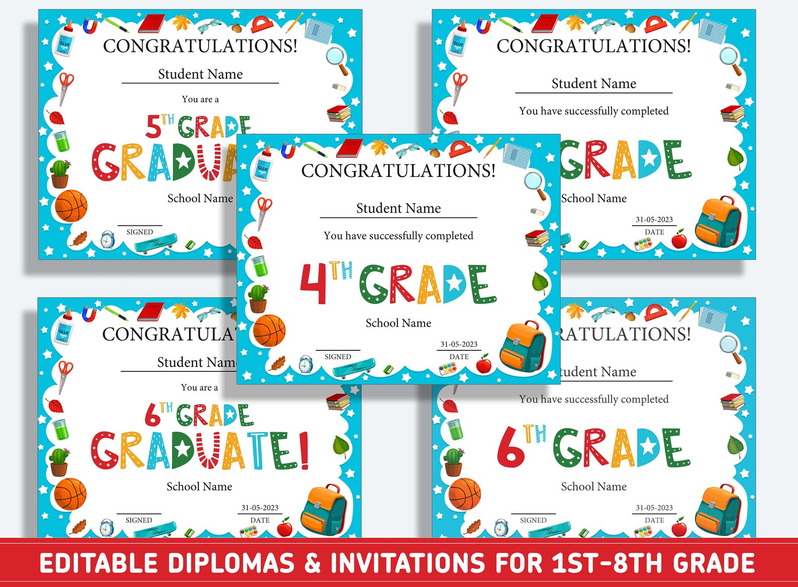 Editable 1st Grade Graduation, 1st to 8th Grade Diploma, Certificate of ...