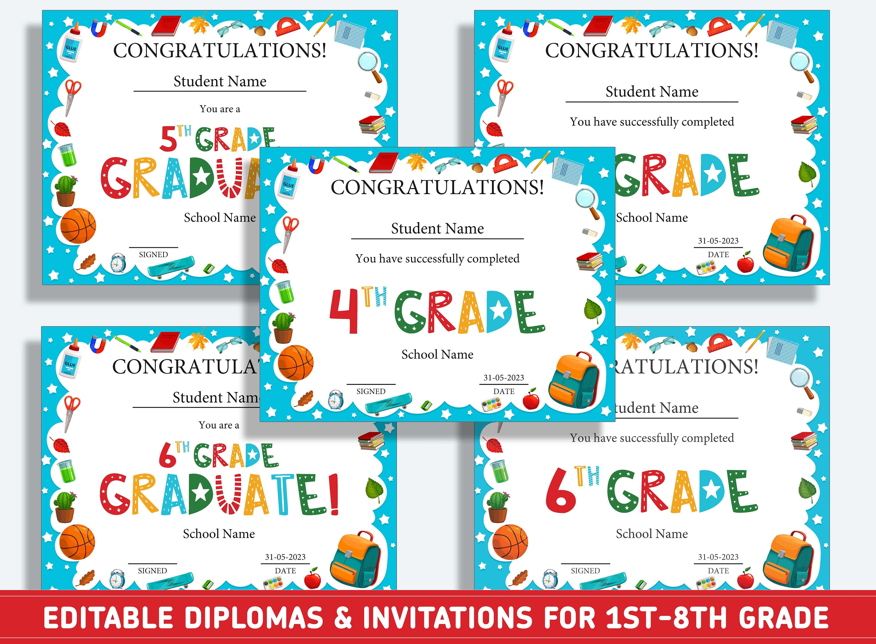 Editable 1st Grade Graduation, 1st to 8th Grade Diploma, Certificate of ...