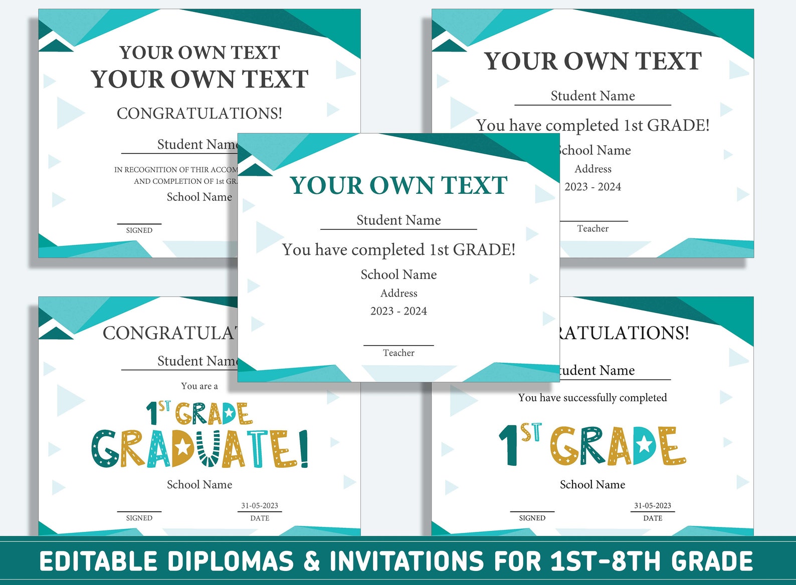 Editable 7th Grade Graduation, 1st to 8th Grade Diploma, Certificate of ...