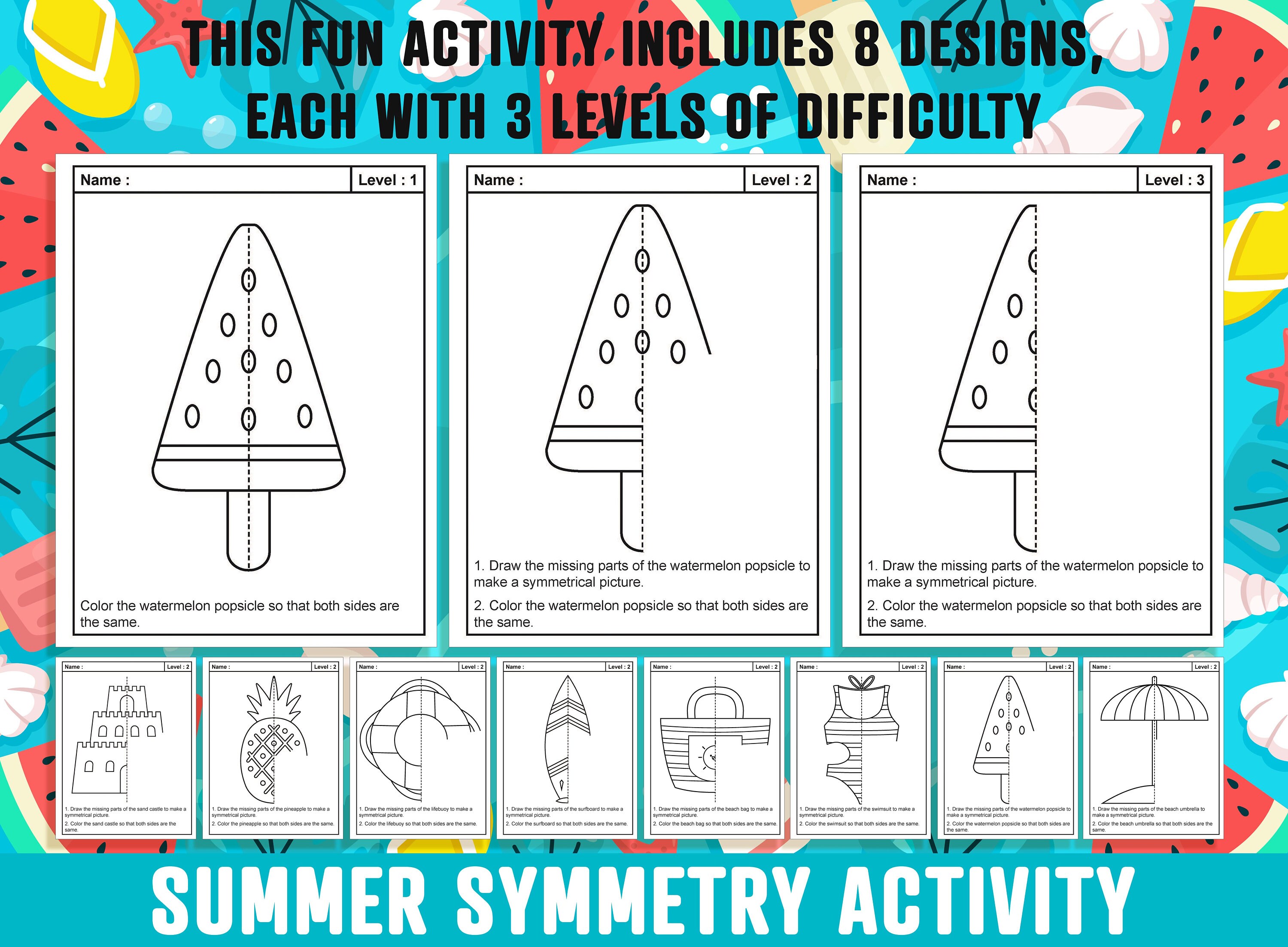 Summer Symmetry Worksheet Summer Math Lines of Symmetry Art - Etsy