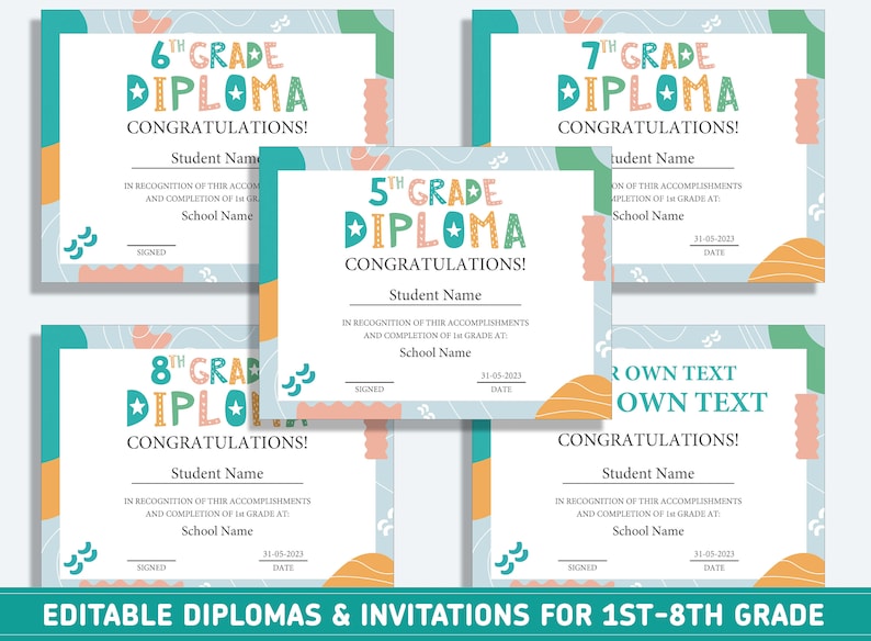 Editable 3rd Grade Certificate, 1st to 8th Grade Diploma, Certificate ...