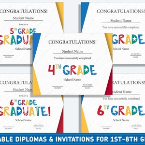 Editable 2nd Grade Graduation Certificate, 1st to 8th Grade Diploma ...
