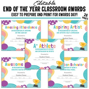 Editable and Fun End of Year Class Awards for Students, 26 Pages, PDF ...