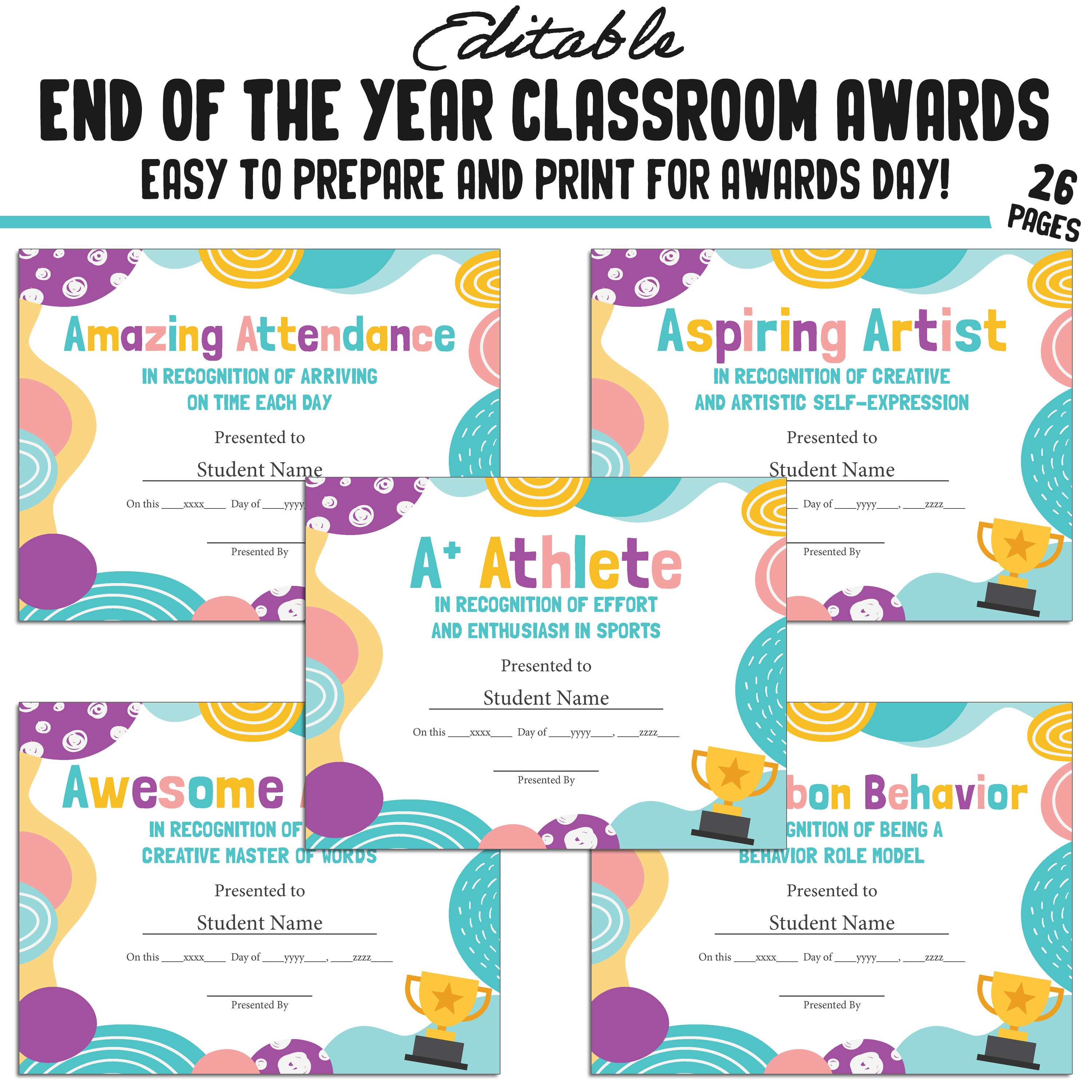 Editable and Fun End of Year Class Awards for Students, 26 Pages, PDF ...
