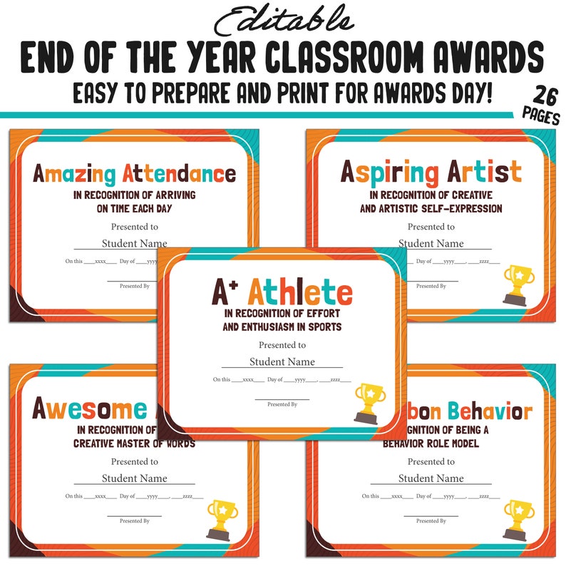Editable Class Superlative End-of-year Student Awards, 26 Pages, PDF ...