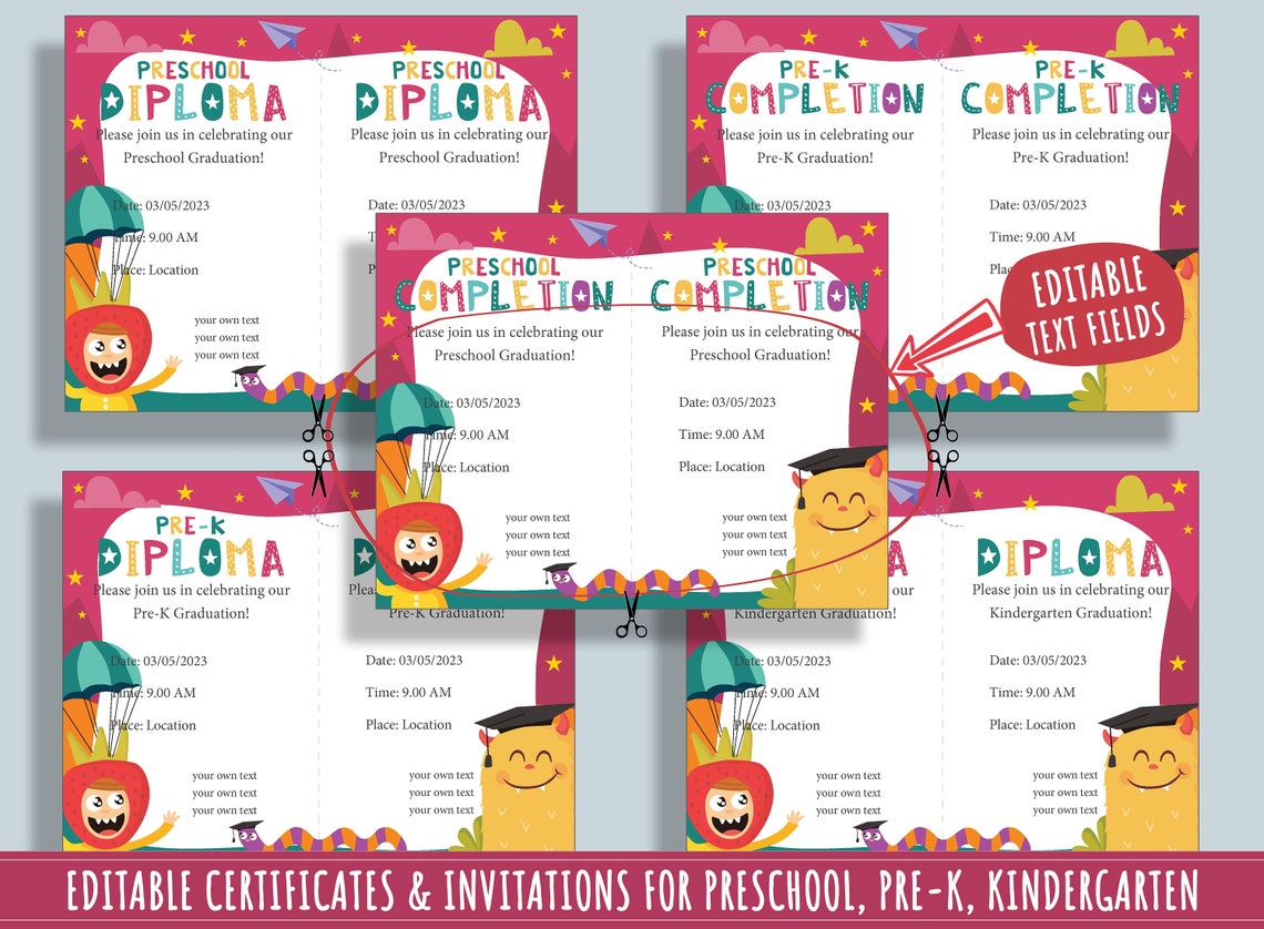 Colorful Pre-k Diploma Certificate and Invitation Templates - Etsy