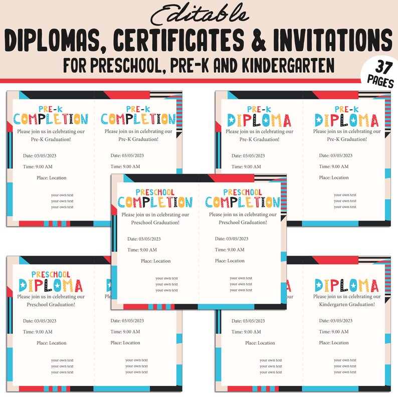 Editable End of the Year Certificates, Diplomas & Invitations for ...