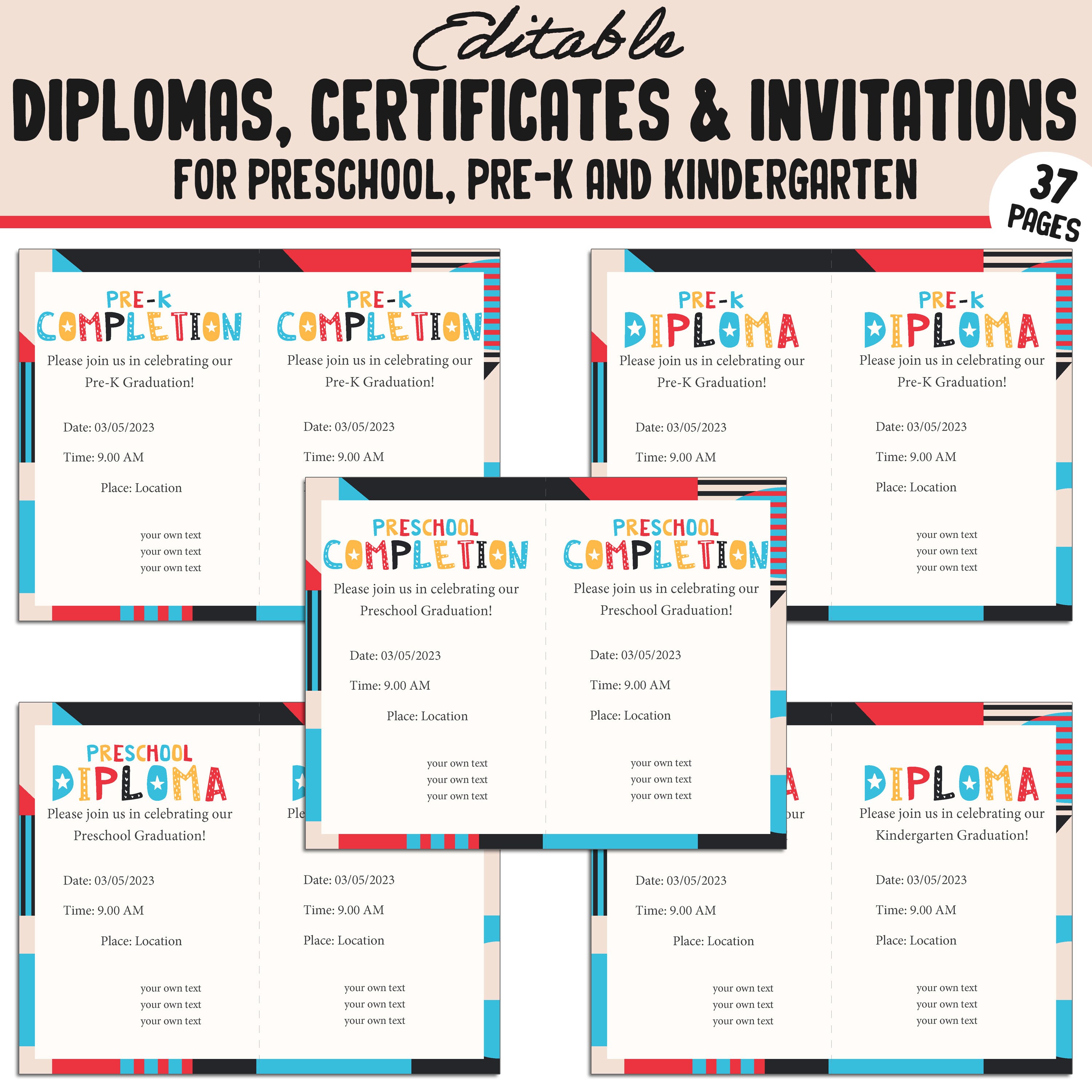 Editable End of the Year Certificates, Diplomas & Invitations for ...