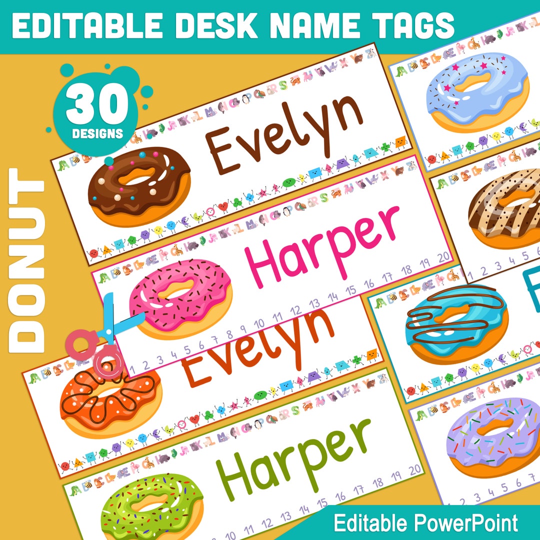 Editable Desk Name Tags for Students: Tasty Donuts, 30 Designs, 8.5"x11 ...