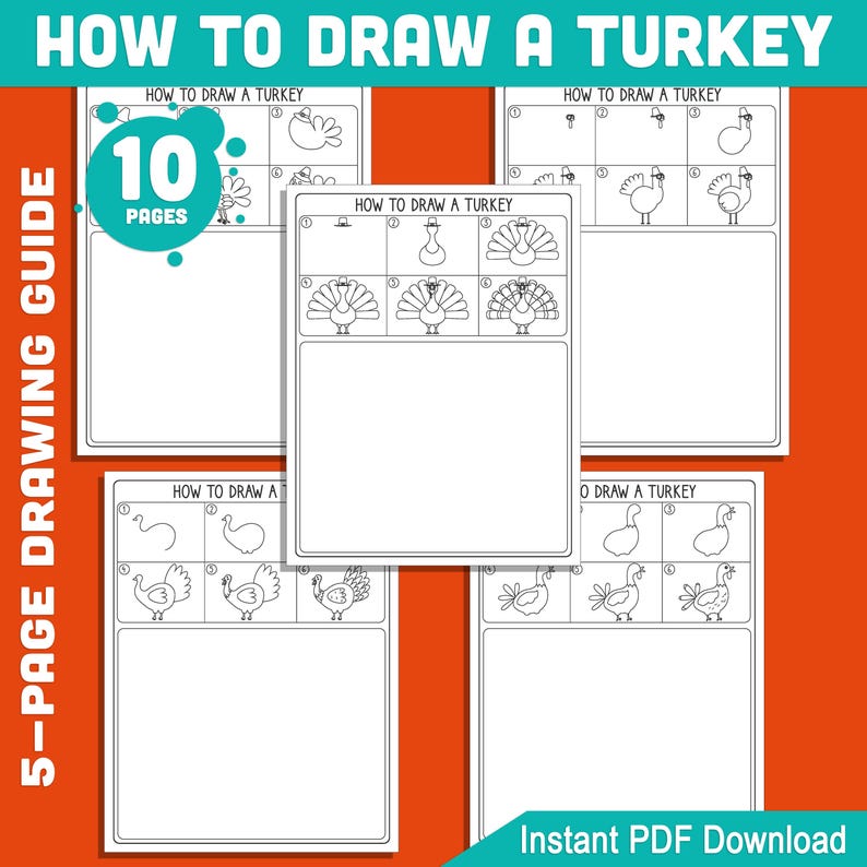 Learn How to Draw a Turkey for Kids: 5-page Step-by-step Directed ...