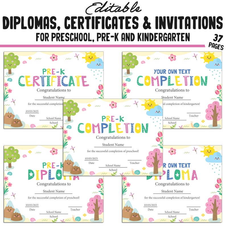 37 Editable Pre-k Certificates, Lovely Nature Themed, Kindergarten ...