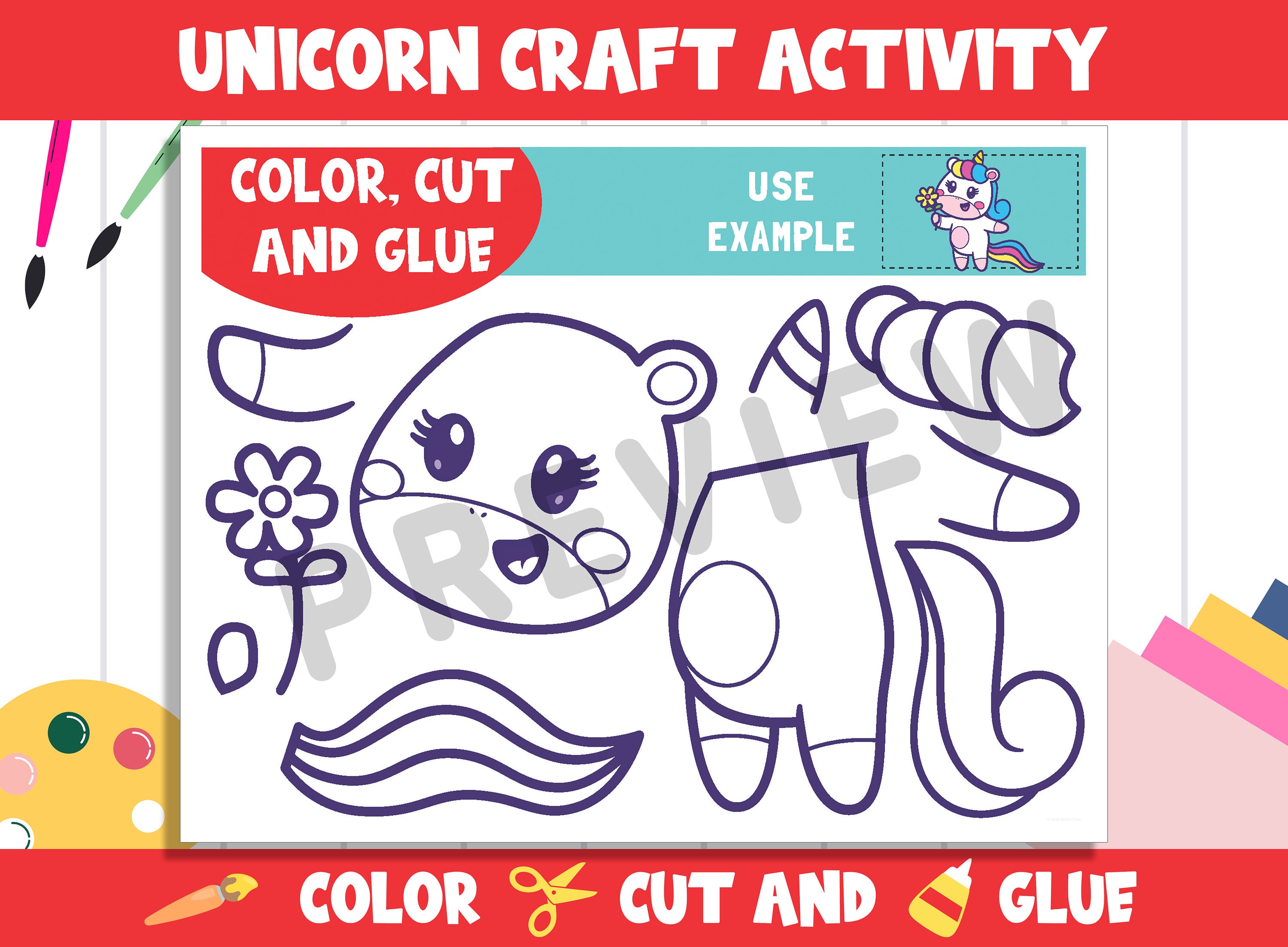 Cute Unicorn Craft Activity - Color, Cut, and Glue for Prek to 2nd ...