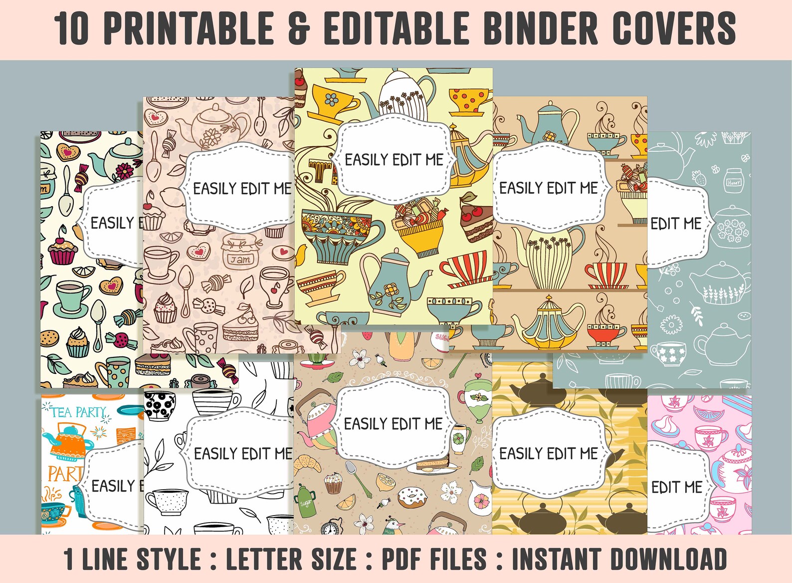 Cups and Teapots Binder Cover, 10 Printable & Editable Binder Covers ...